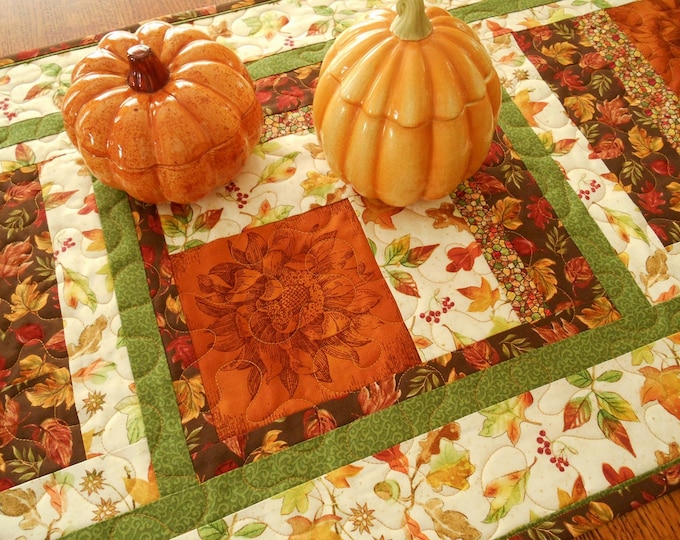 Quilted Autumn Table Runner, Fall Leaves and Sunflowers, Extra Long ...