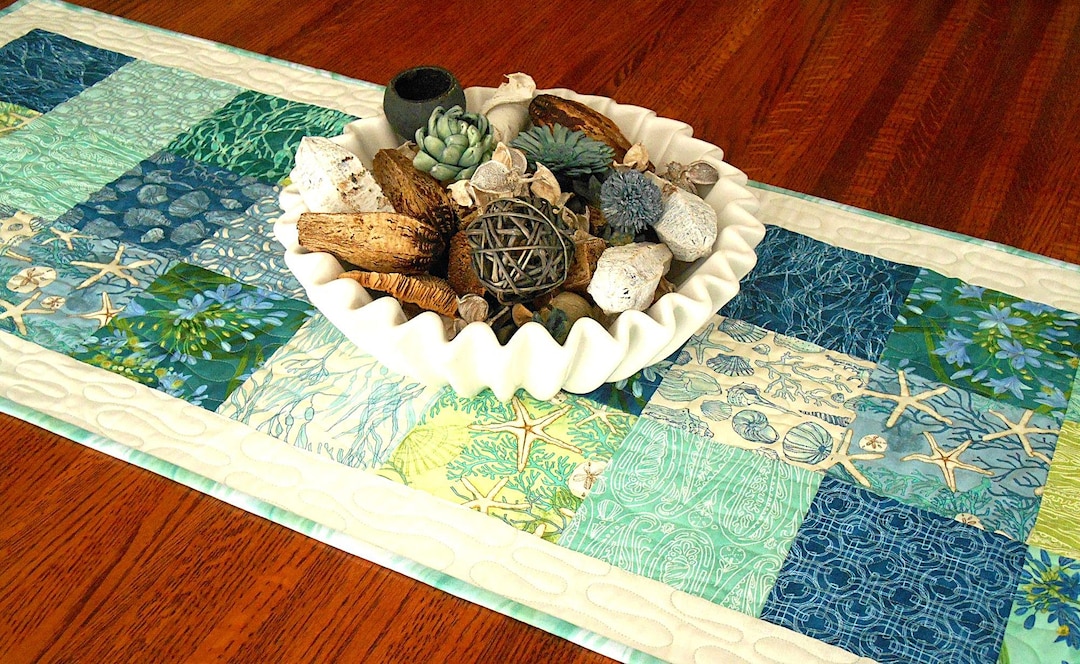 Beach Theme Table Runner in Blues and Greens, Quilted Beach Table ...
