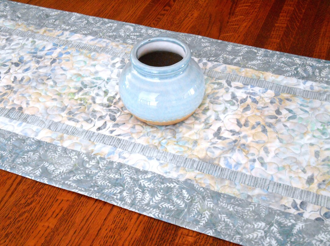 Quilted Table Runner With Leaves in Shades of Aqua Blue and Blue Grey ...