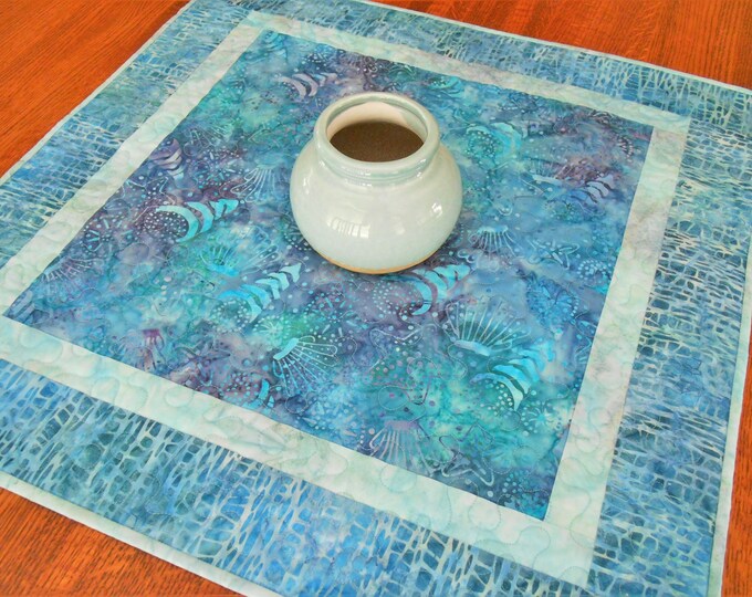 Seashell Table Topper in Blue and Purple, Quilted Square Table Topper ...