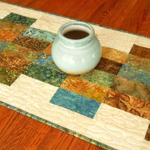 Quilted Batik Table Runner in Earth Tones With Blue, Modern Quilted ...