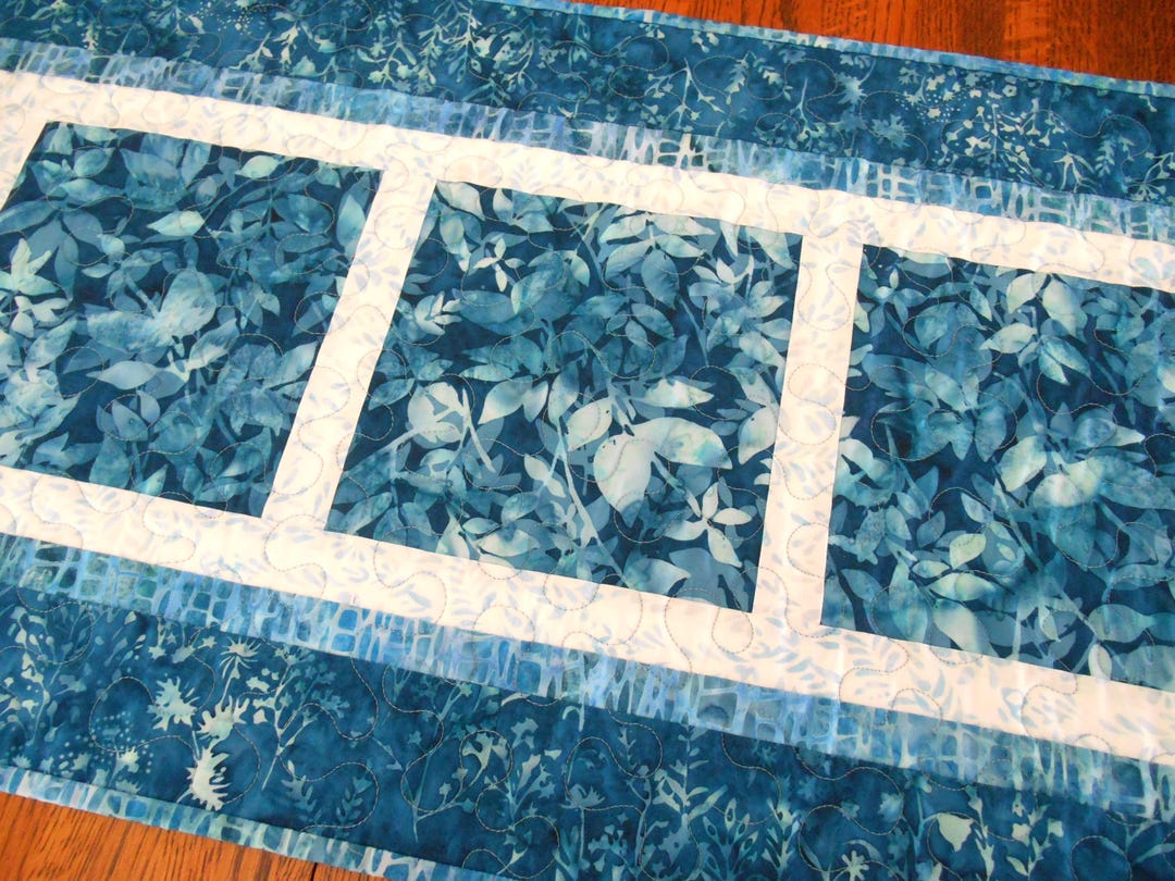 Quilted Table Runner With Dark Blue Leaves, Blue Dining Table Runner ...