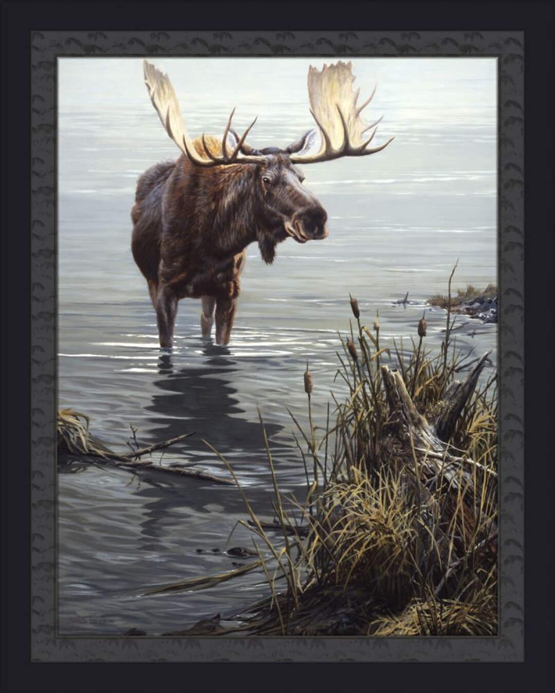 SILENT WATERS Fabric Quilt Panel 100% Cotton, Moose, Mountain, Cabin ...