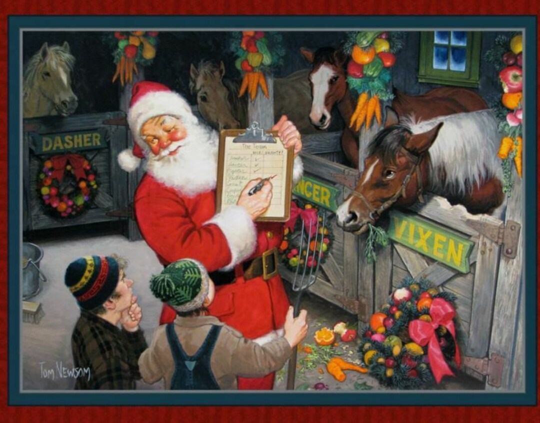 SANTAS STABLE Horse Reindeer Christmas Fabric Quilt Panel 100% Cotton ...