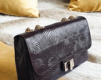 Deep Burgundy Crocodile Embossed Leather Chain Bag, Crossbody Bag ...