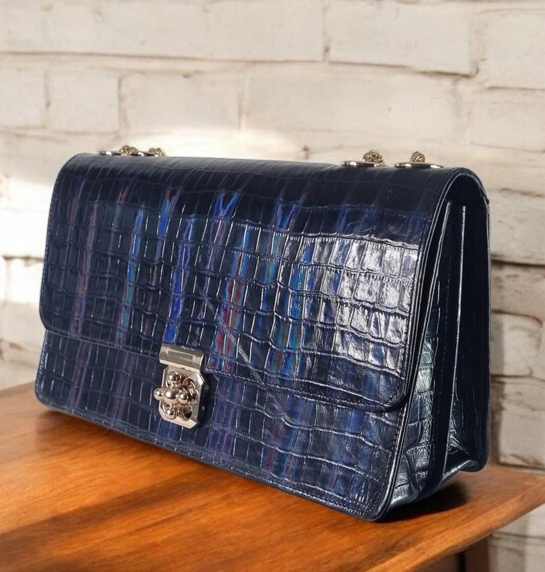 Deep Navy Crocodile Embossed Leather Chain Bag, Crossbody Bag, Handmade ...