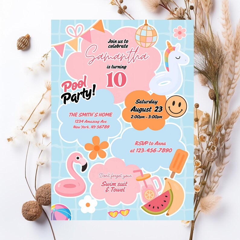 Editable Preppy Pool Party Girl Birthday Invitation Preppy Birthday ...