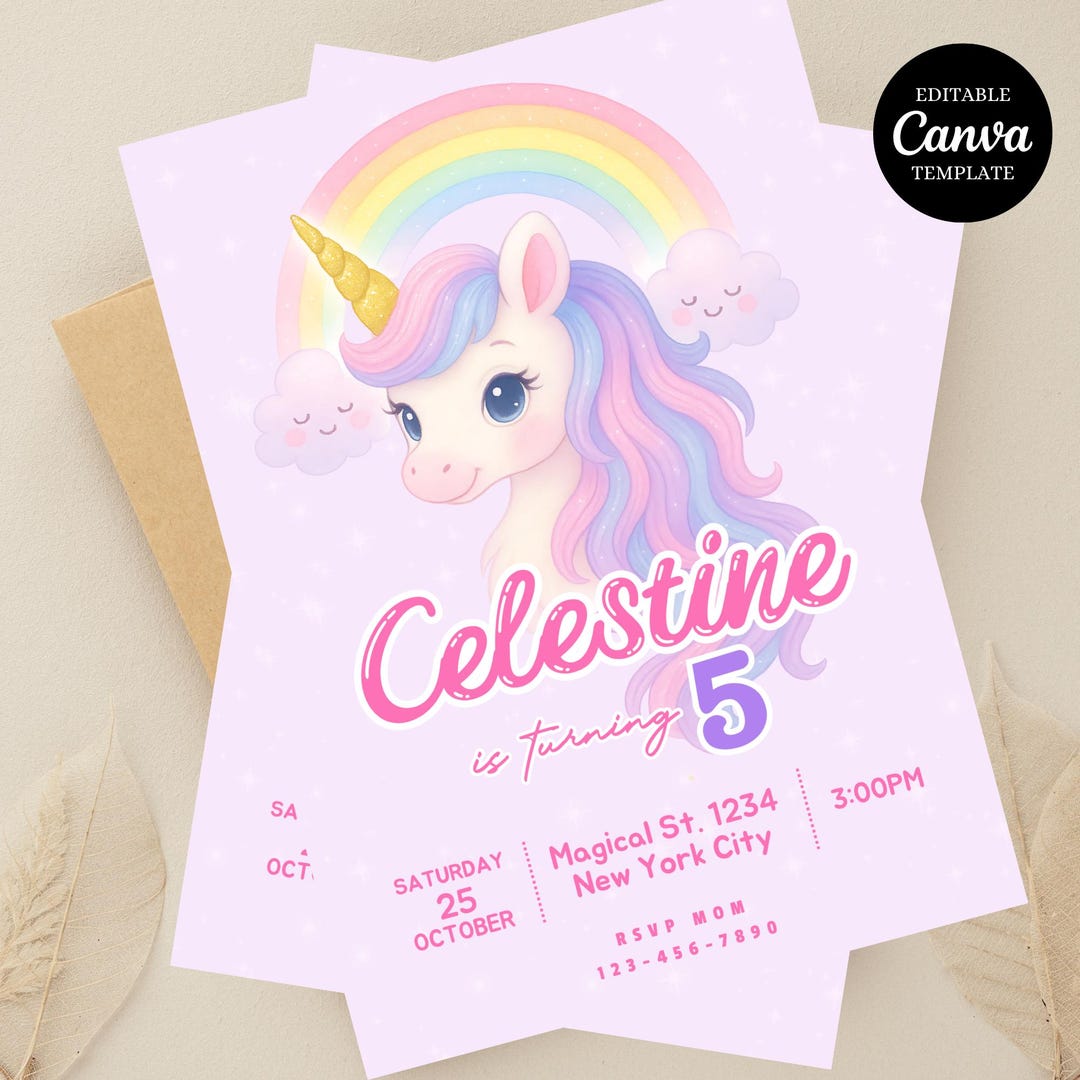 Unicorn Birthday Party Invitation Template: Rainbow Girl's Invite ...