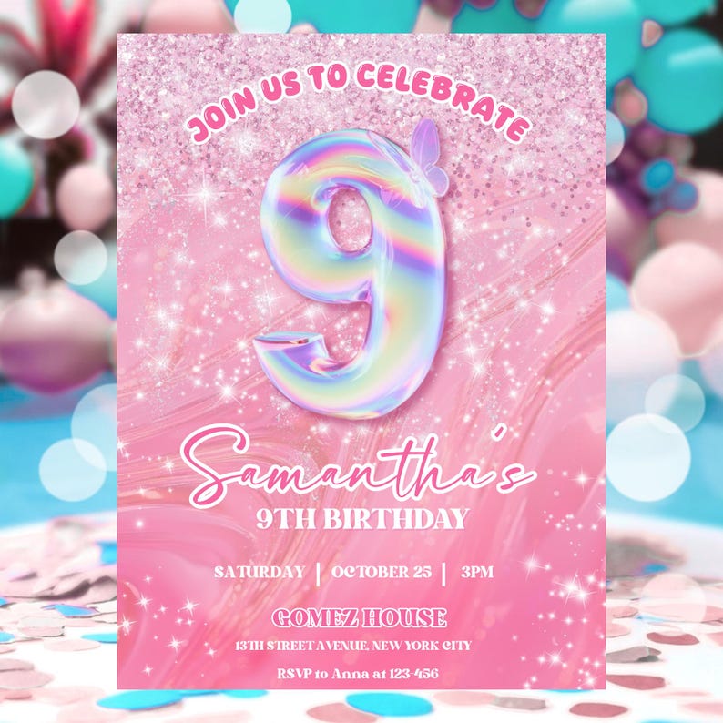 Editable Pink 9th Birthday Invitation Girl, Rainbow Glitter Party ...