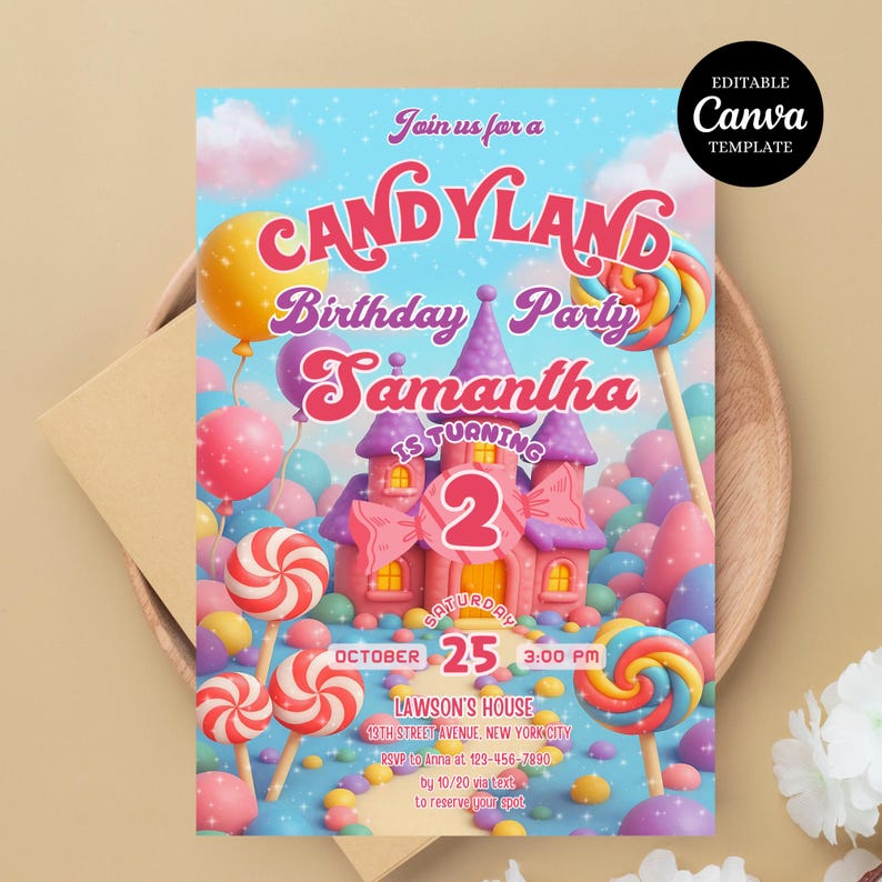 Editable Candy Land Birthday Invitation: Printable Canva Template - Etsy