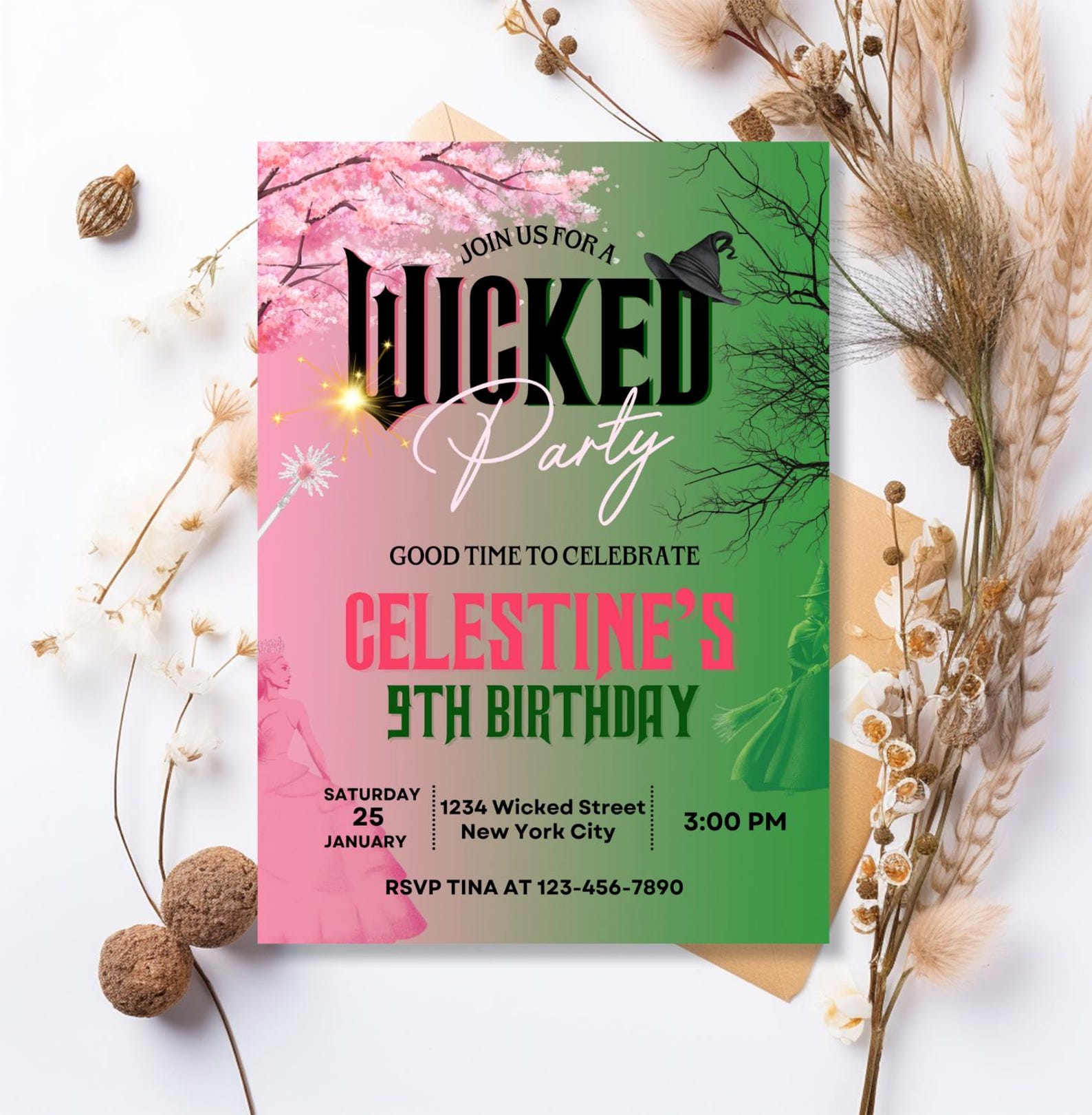 Wicked Birthday Party Invitation: Elphaba & Glinda Theme (canva ...
