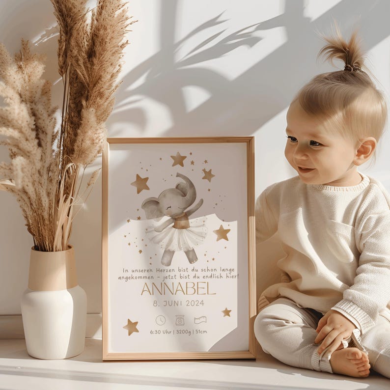 Personalizable Birth Poster Birth Board Baby Room Elephant Girl Boy ...