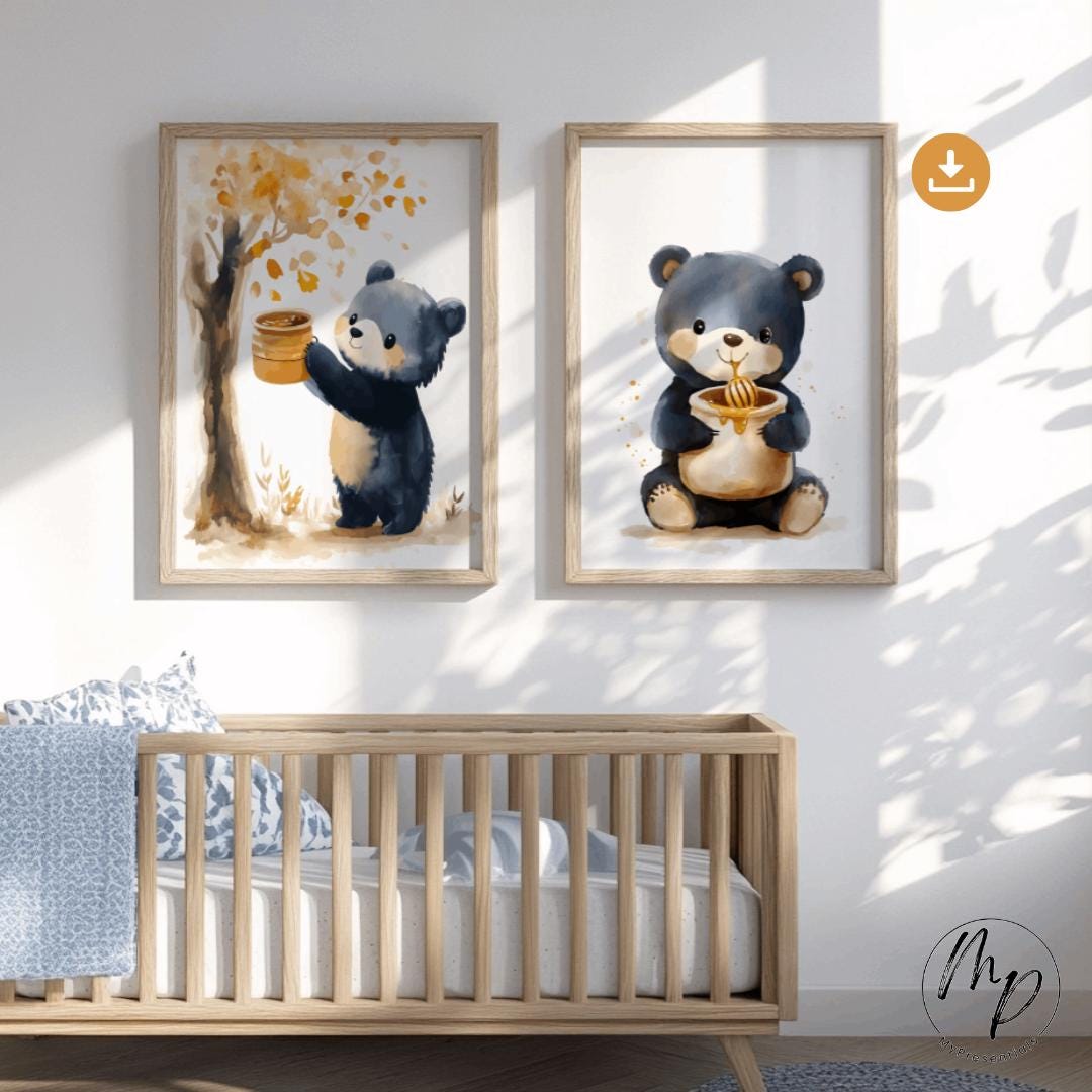 Bear Poster Set Nursery Pictures Honey Watercolor Wall Art Blue Wall ...