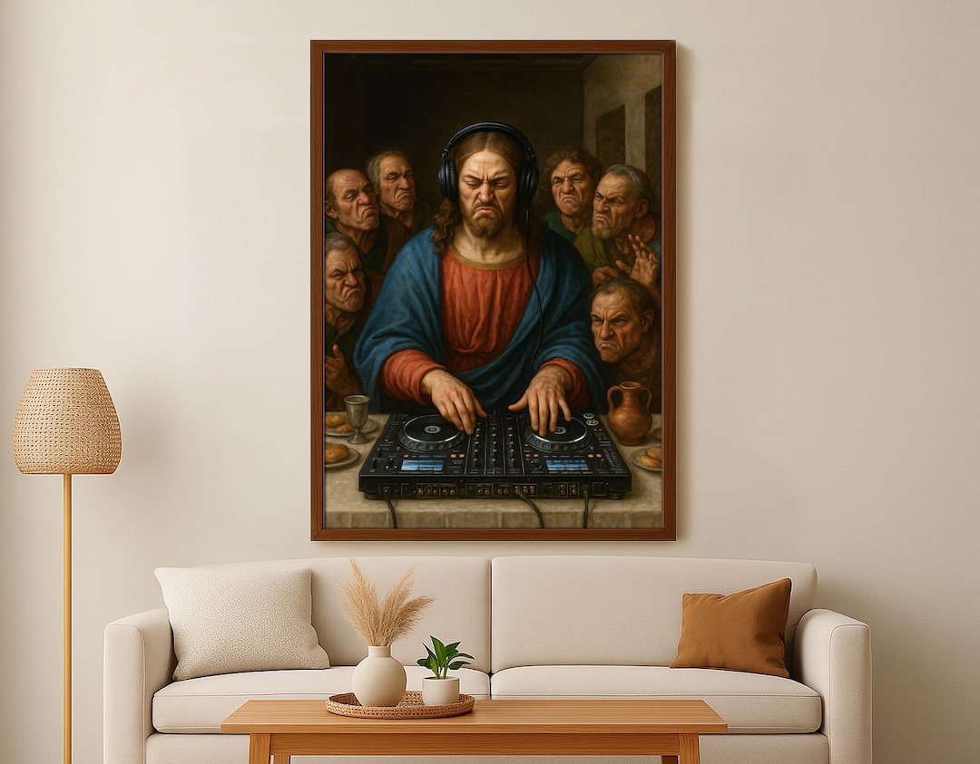 DJ Jesus Mixing at the Last Supper – Funny Renaissance Parody Canvas ...
