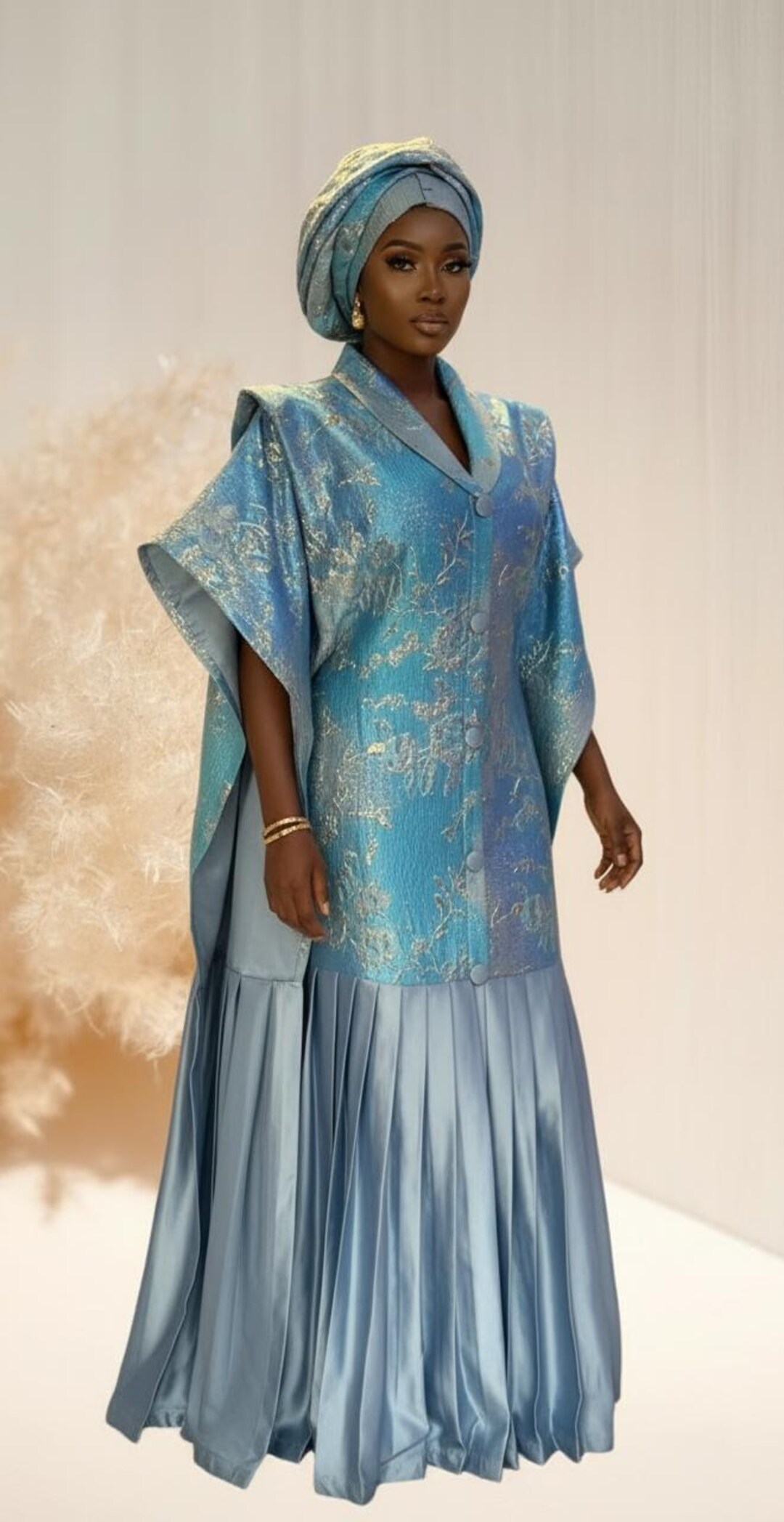 Brocade African Boubou Dress | Jacket Top, Pleated Skirt & Headpiece - Etsy