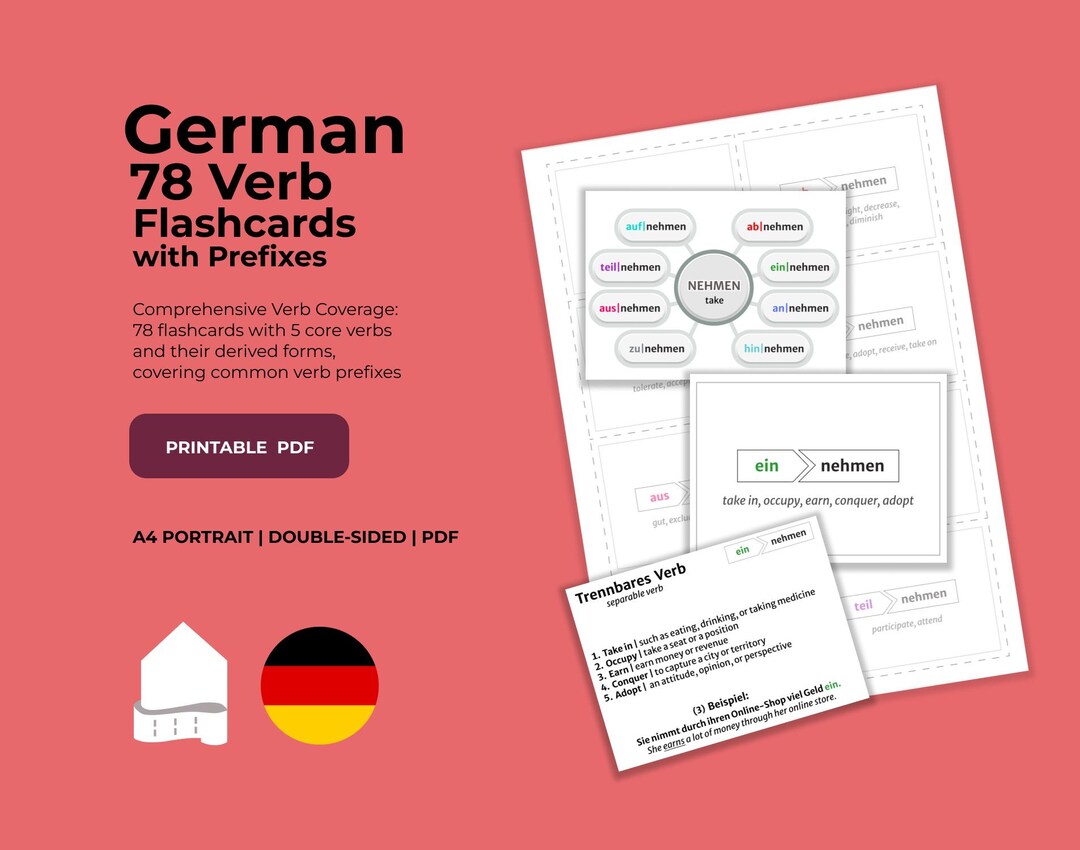 German Verb Flashcards With Prefixes, 78 Cards, Printable - Etsy
