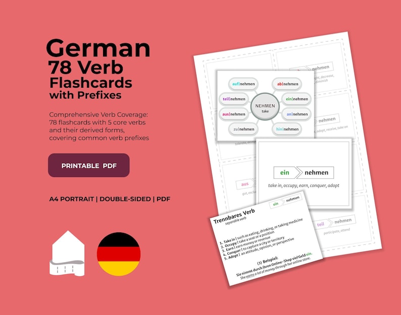 German Verb Flashcards With Prefixes, 78 Cards, Printable - Etsy