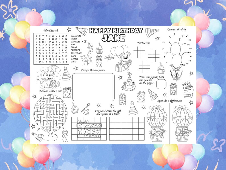 Printable Personalized Birthday Party Activity Sheet - Custom Birthday ...