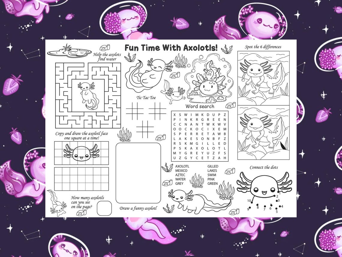 Printable Axolotls Activity Sheet - Axolotls Coloring Placemat ...