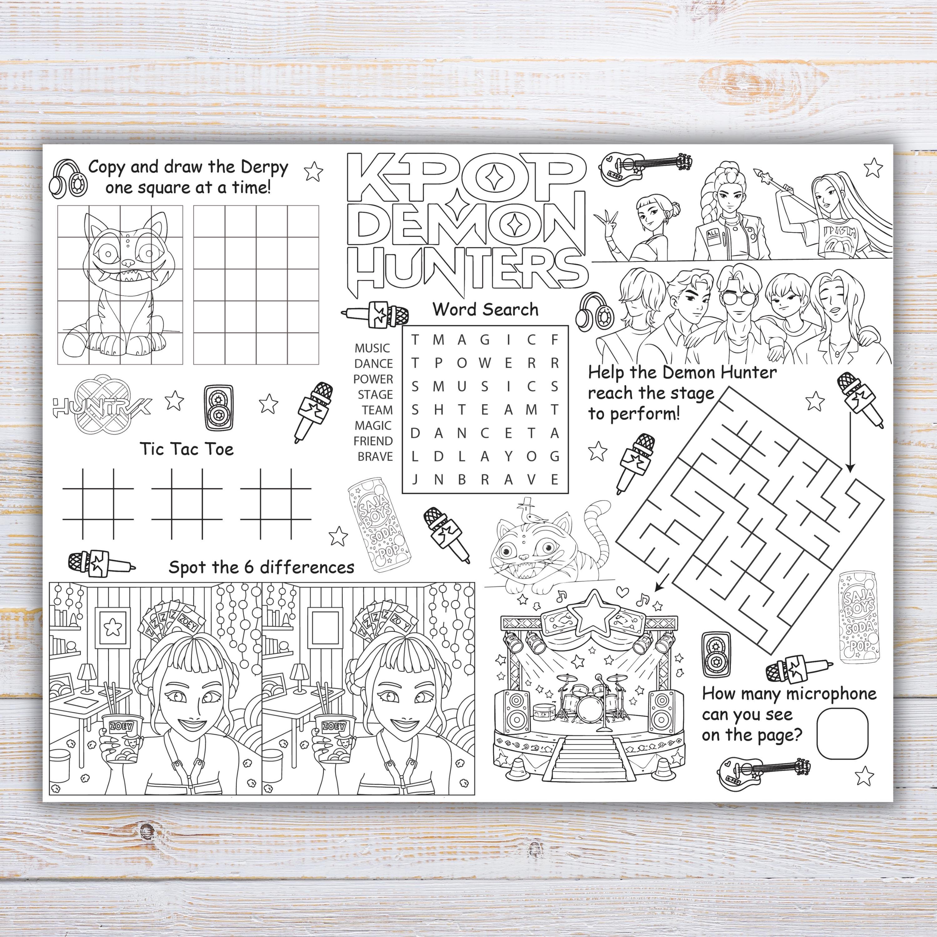 Huntrix Birthday Activity Sheet, K Pop Coloring Placemat, K-pop Demons ...