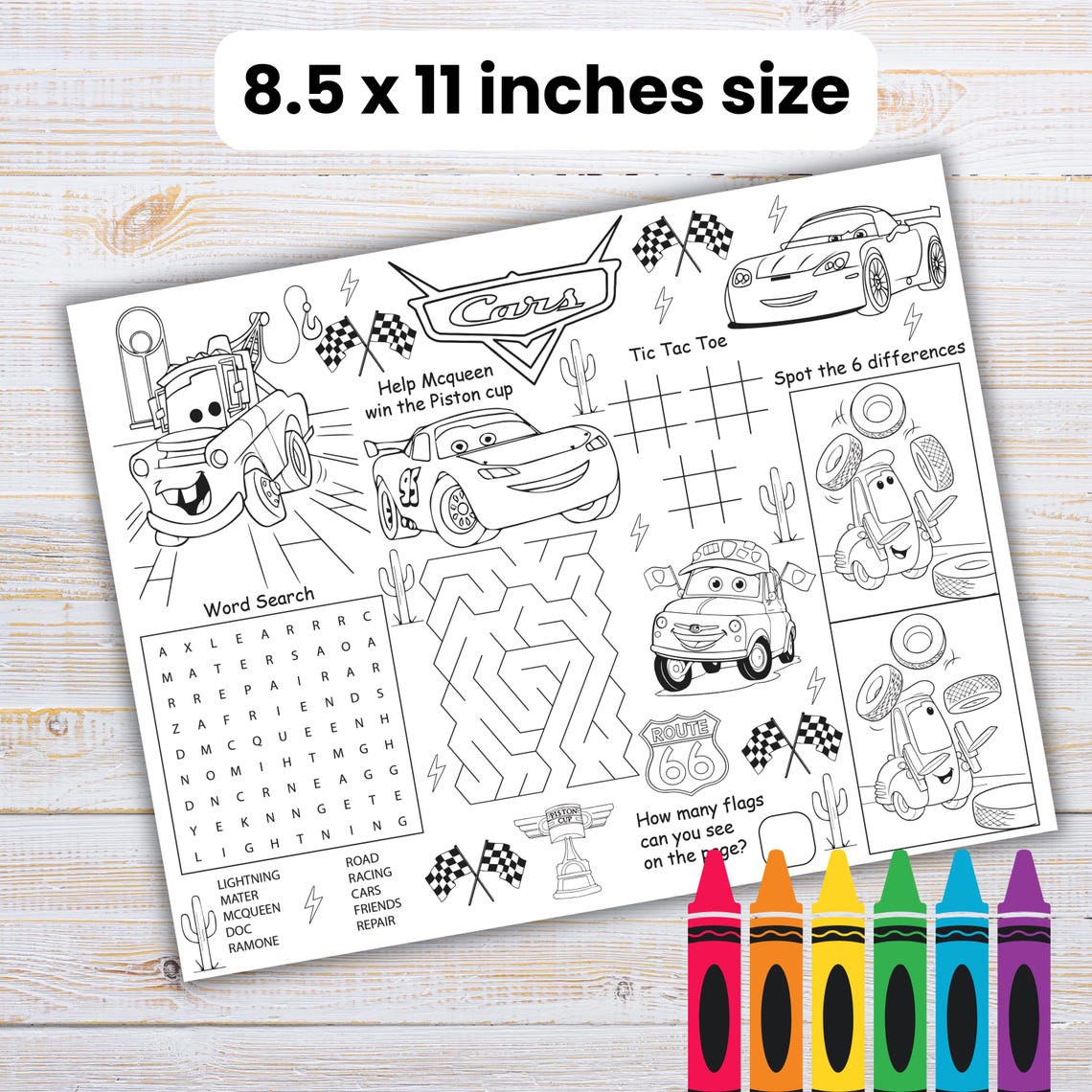 Cars Activity Sheet, Cars Birthday Placemat, Lightning Mcqueen Coloring ...