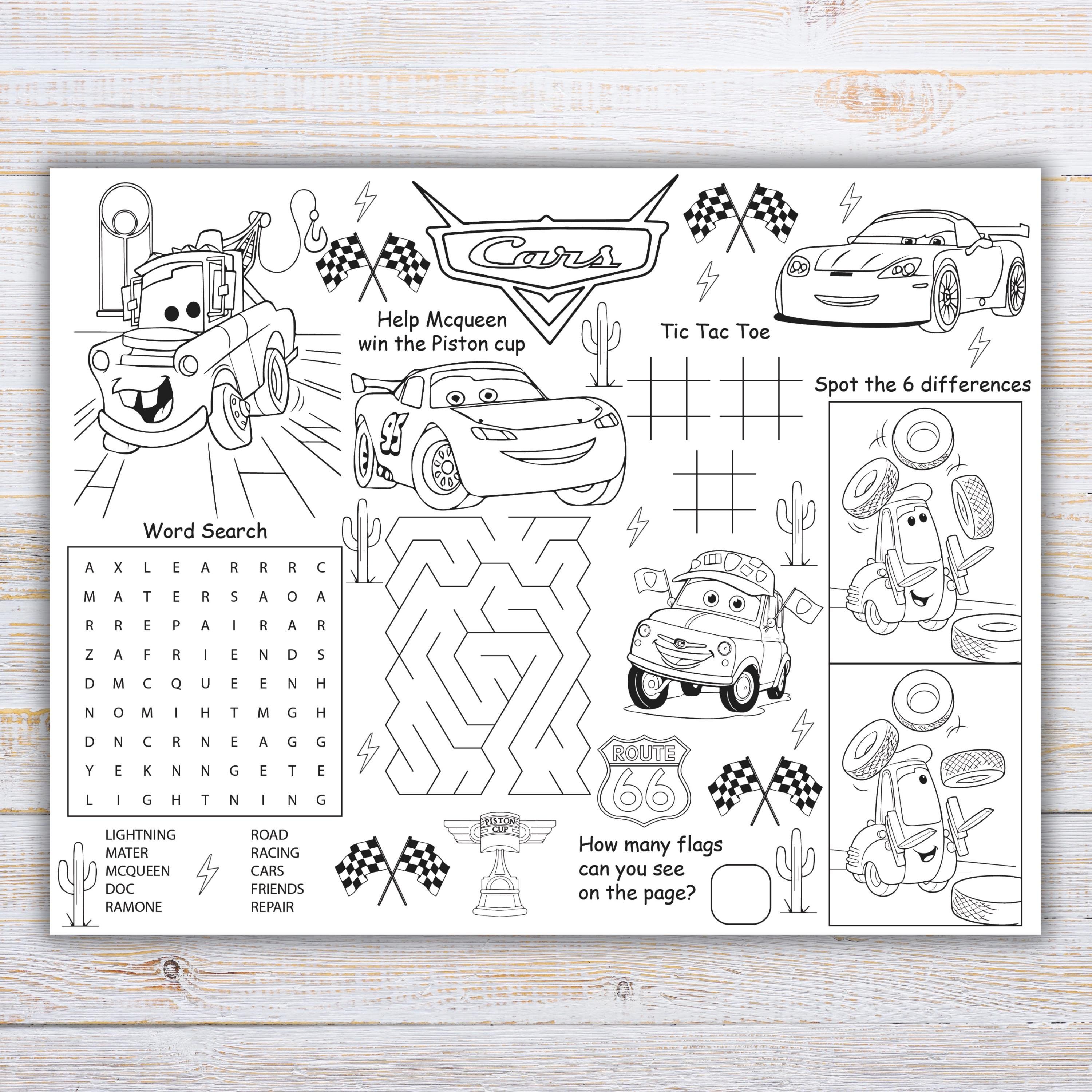 Cars Activity Sheet, Cars Birthday Placemat, Lightning Mcqueen Coloring ...