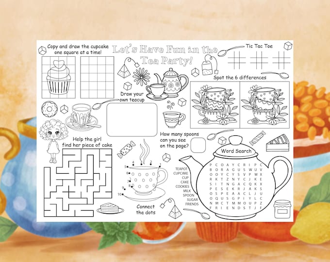 Kids Tea Party Activity & Coloring Sheet | Tea Party Printable Party ...