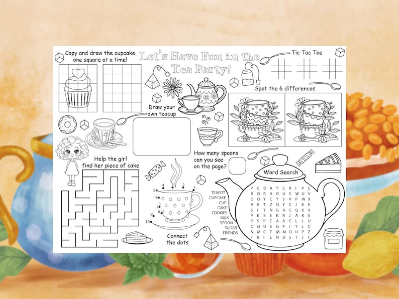 Kids Tea Party Coloring Sheet: Printable Activity Placemat (digital ...