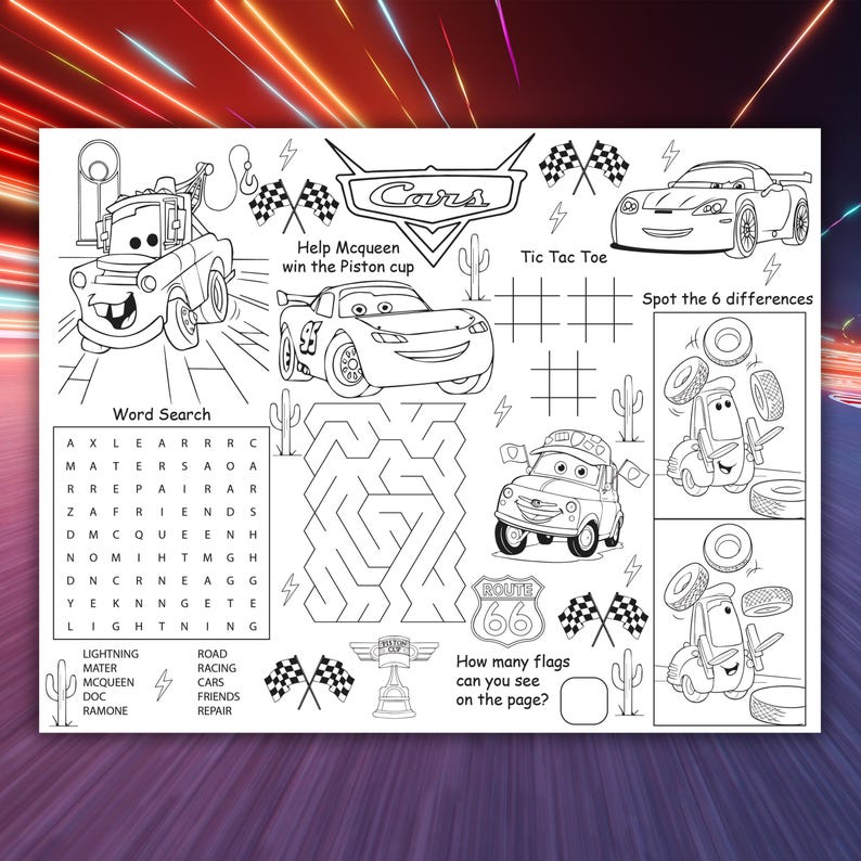 Cars Activity Sheet, Cars Birthday Placemat, Lightning Mcqueen Coloring ...