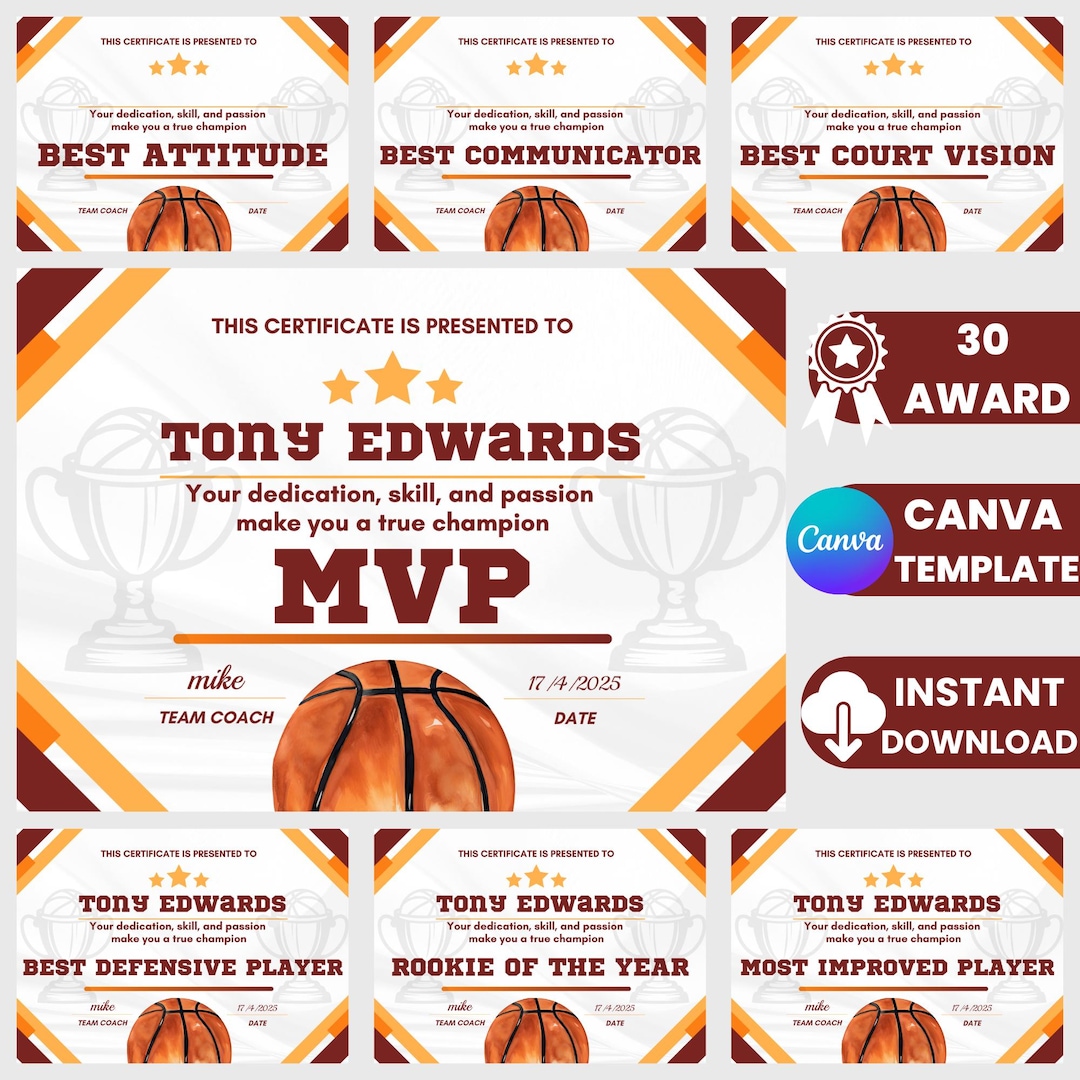 Editable Basketball Award Certificate Template - Basketball Award ...
