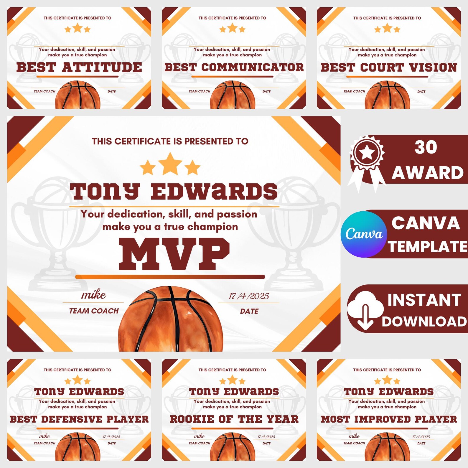 Editable Basketball Award Certificate Template - Basketball Award ...