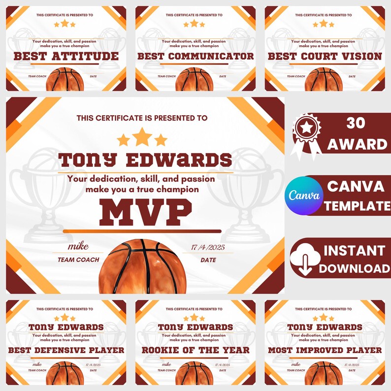 Editable Basketball Award Certificate Template - Basketball Award ...