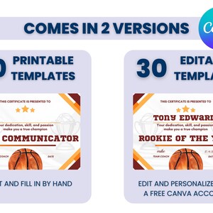 Basketball Award Certificate Bundle: Editable Canva Templates (digital ...