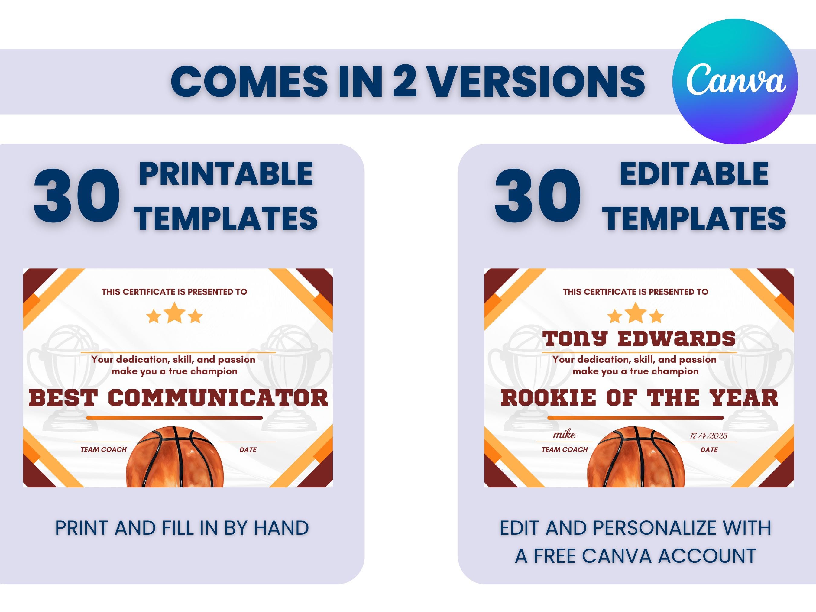 Editable Basketball Award Certificate Template - Basketball Award ...