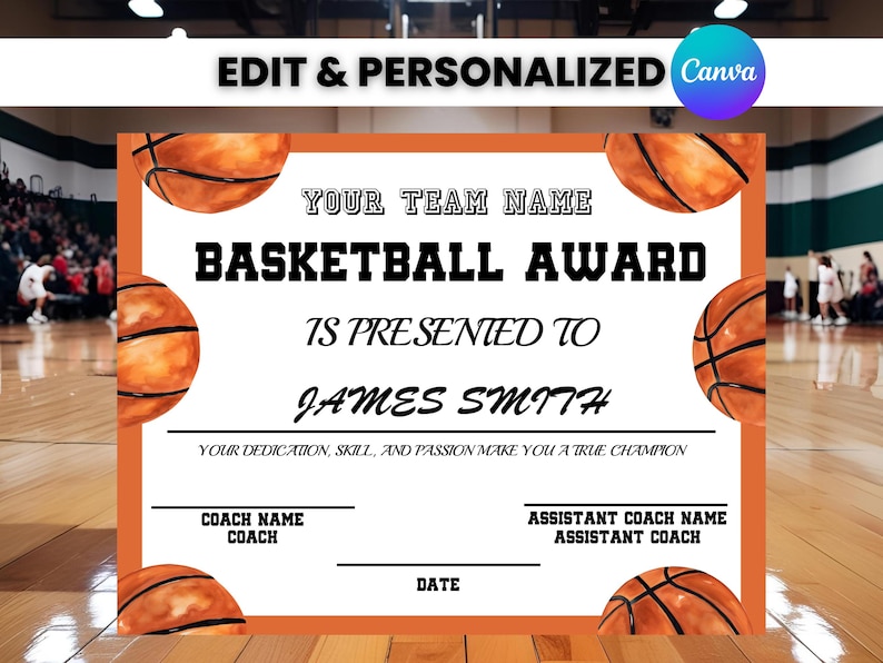Editable Basketball Award Certificate Template - Printable End of ...