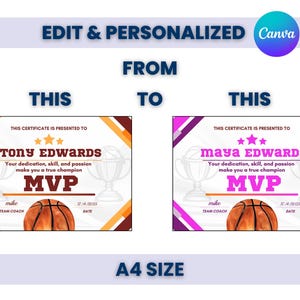 Basketball Award Certificate Bundle: Editable Canva Templates (digital ...