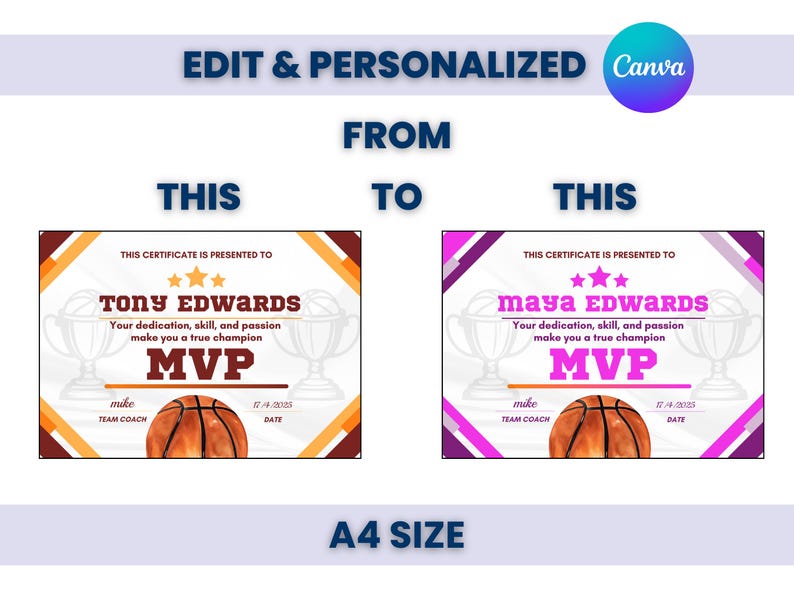 Basketball Award Certificate Bundle: Editable Canva Templates (digital ...