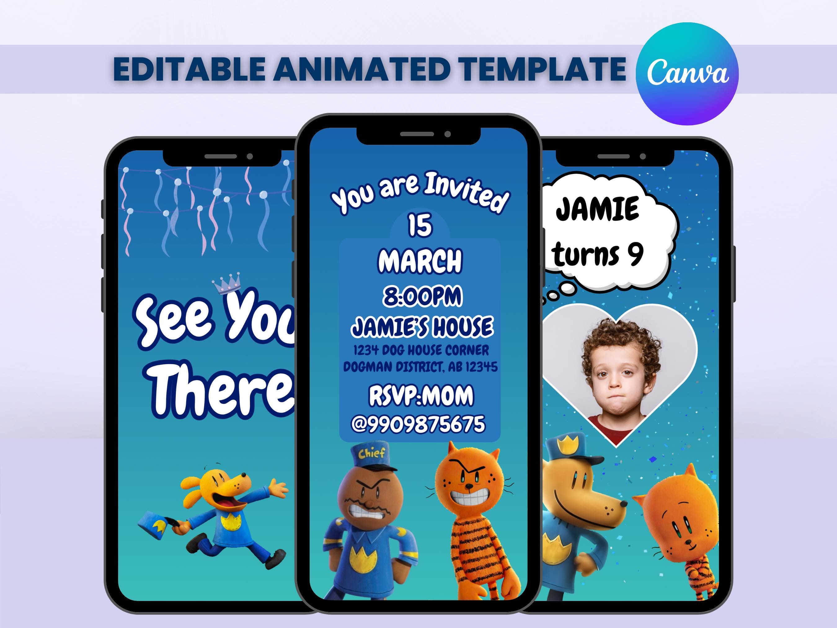 Dog Man Birthday Animated Invitation - Editable Canva Birthday Party ...
