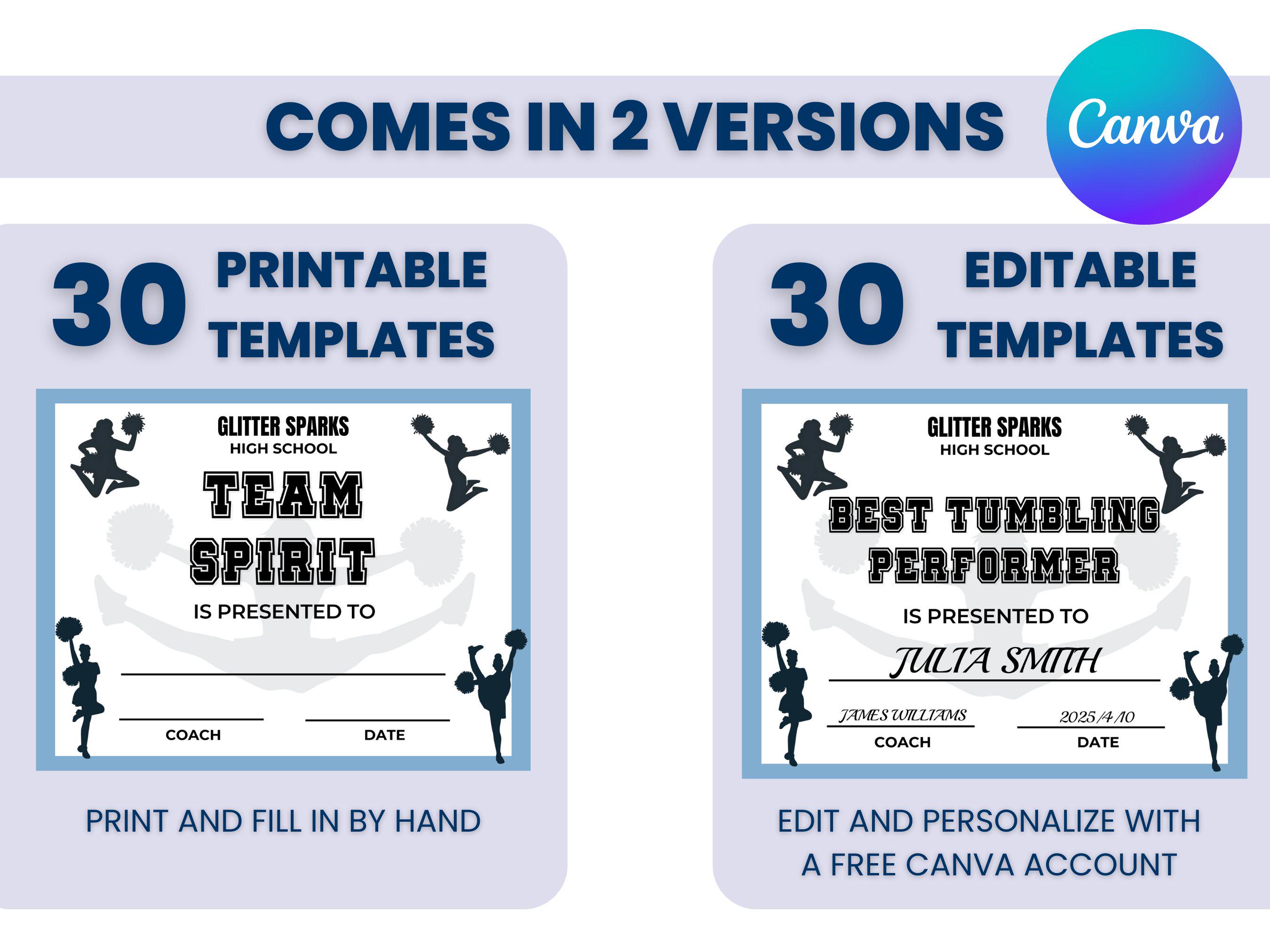 Editable Cheerleading Award Certificates: Cheer Team Ceremony (canva ...