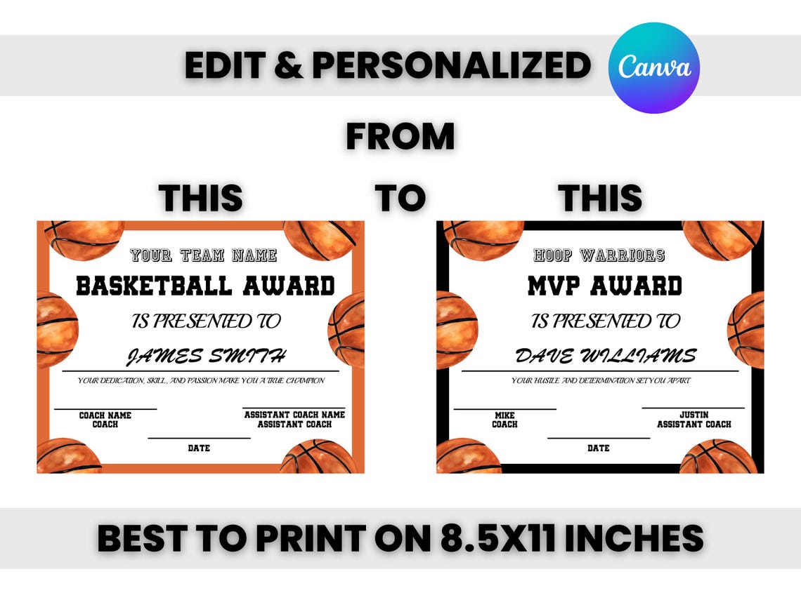 Editable Basketball Award Certificate Template - Printable End of ...