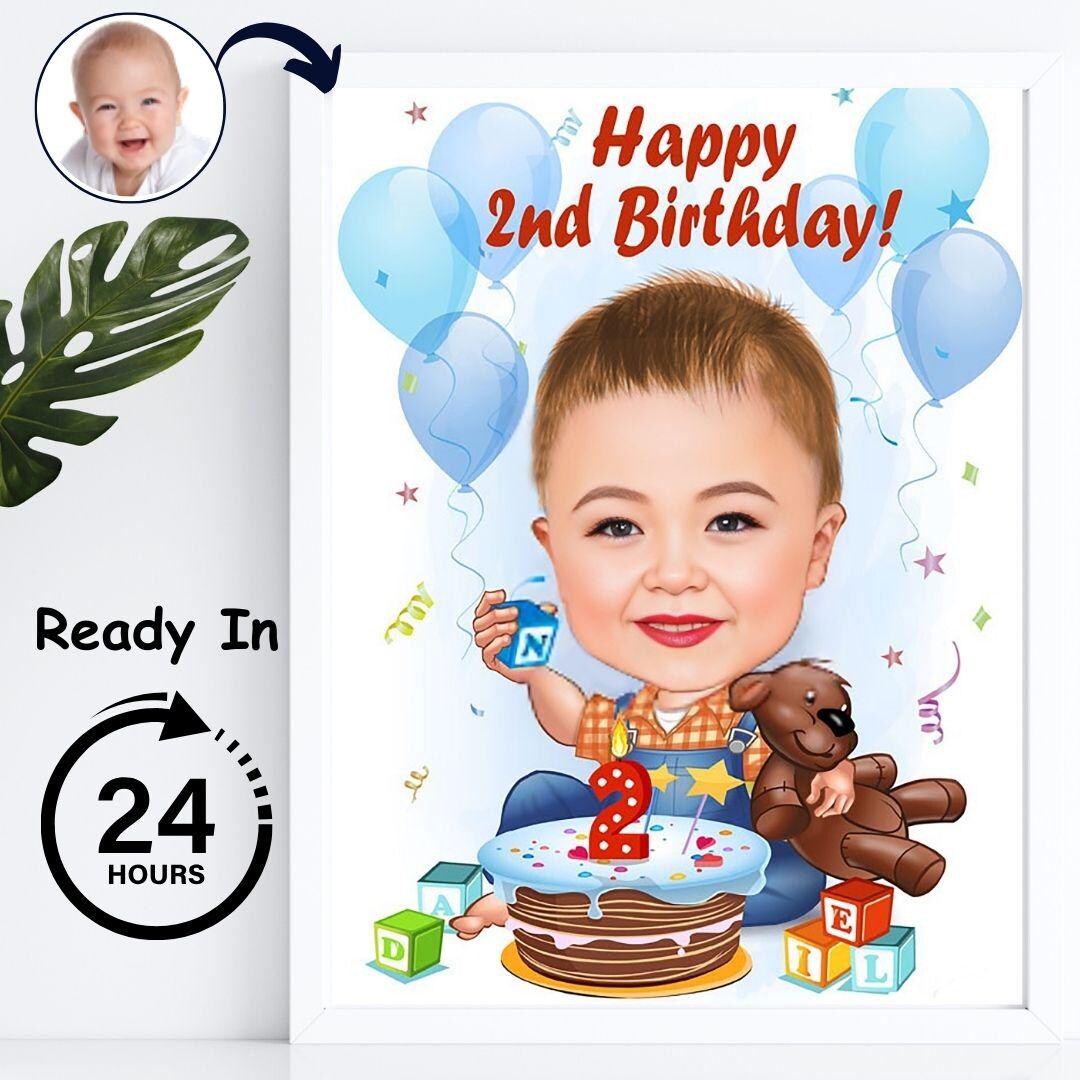 2nd Birthday Kid Caricature From Photo Birthday Kid Wall Art Birthday ...
