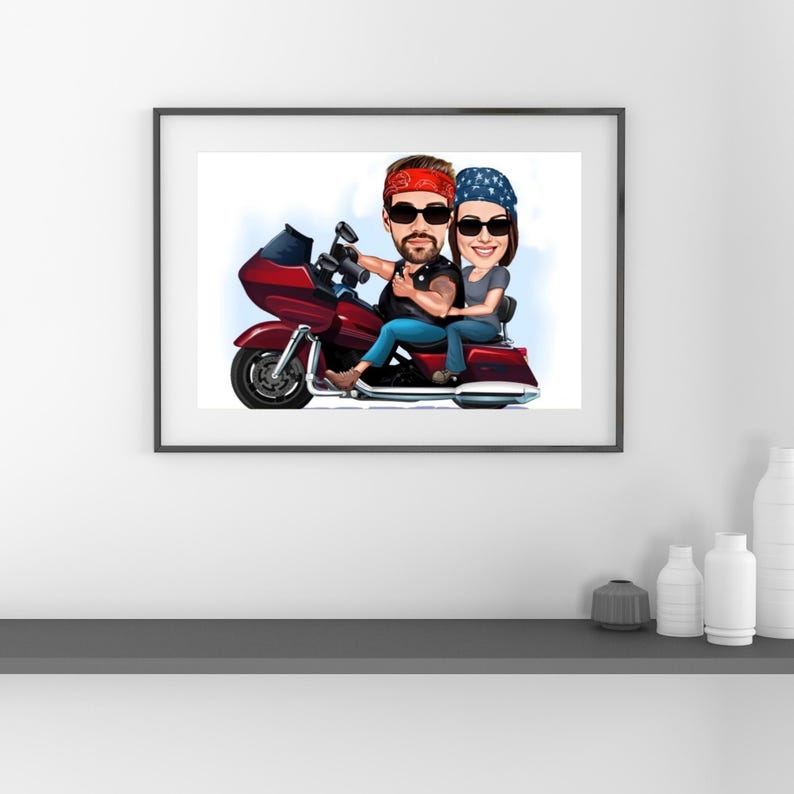 Custom Biker Couple Caricature: Motorcycle Rider Cartoon (digital ...