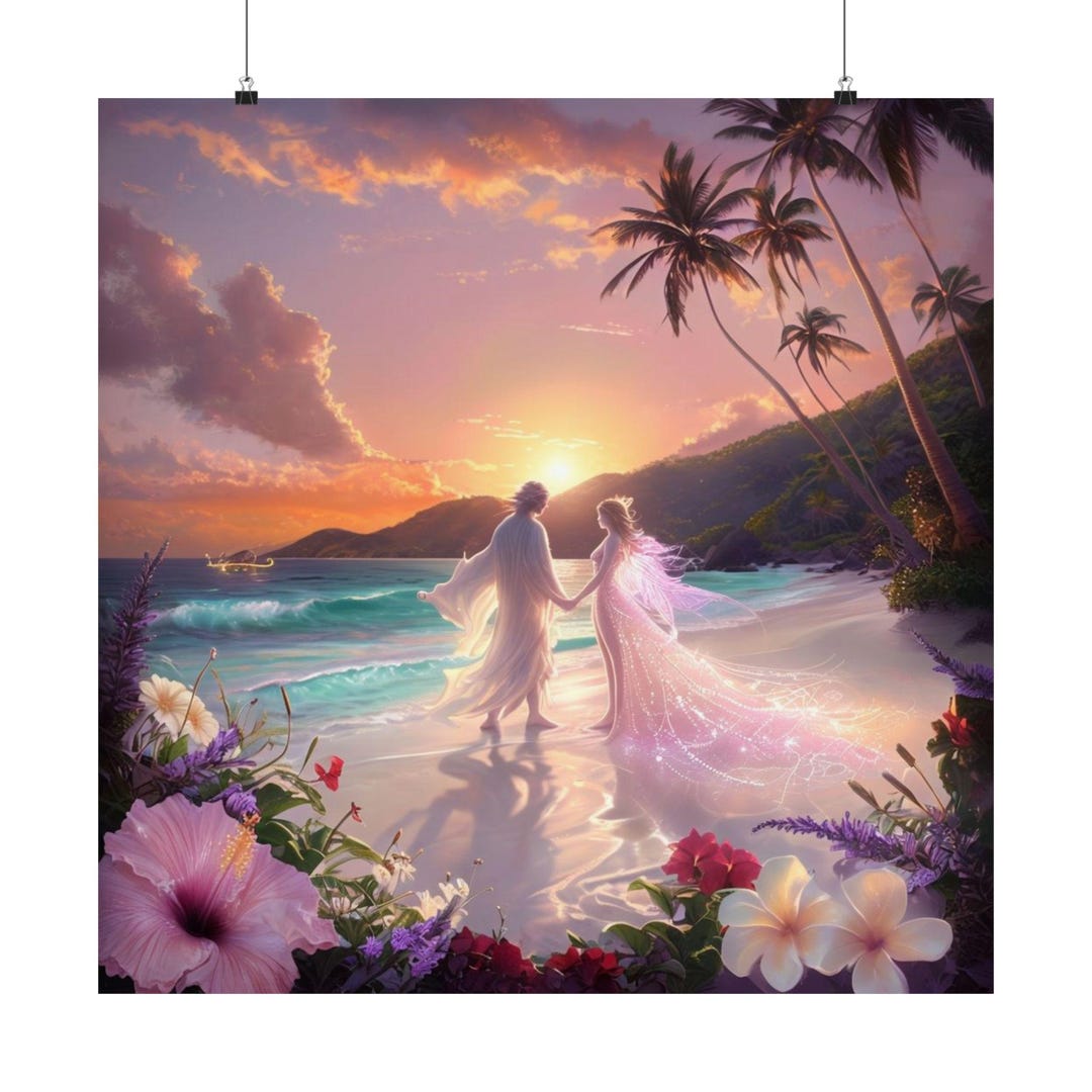 Vertical Posters, Romantic Tropical Beach Sunset With Ethereal Beings ...