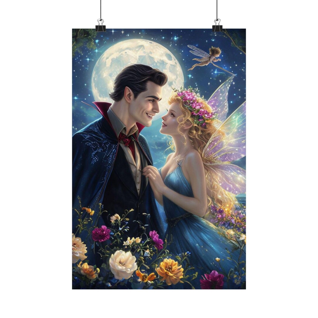 Fantasy Vertical Posters, Enchanted Vampire and Fairy Beneath Moonlit ...