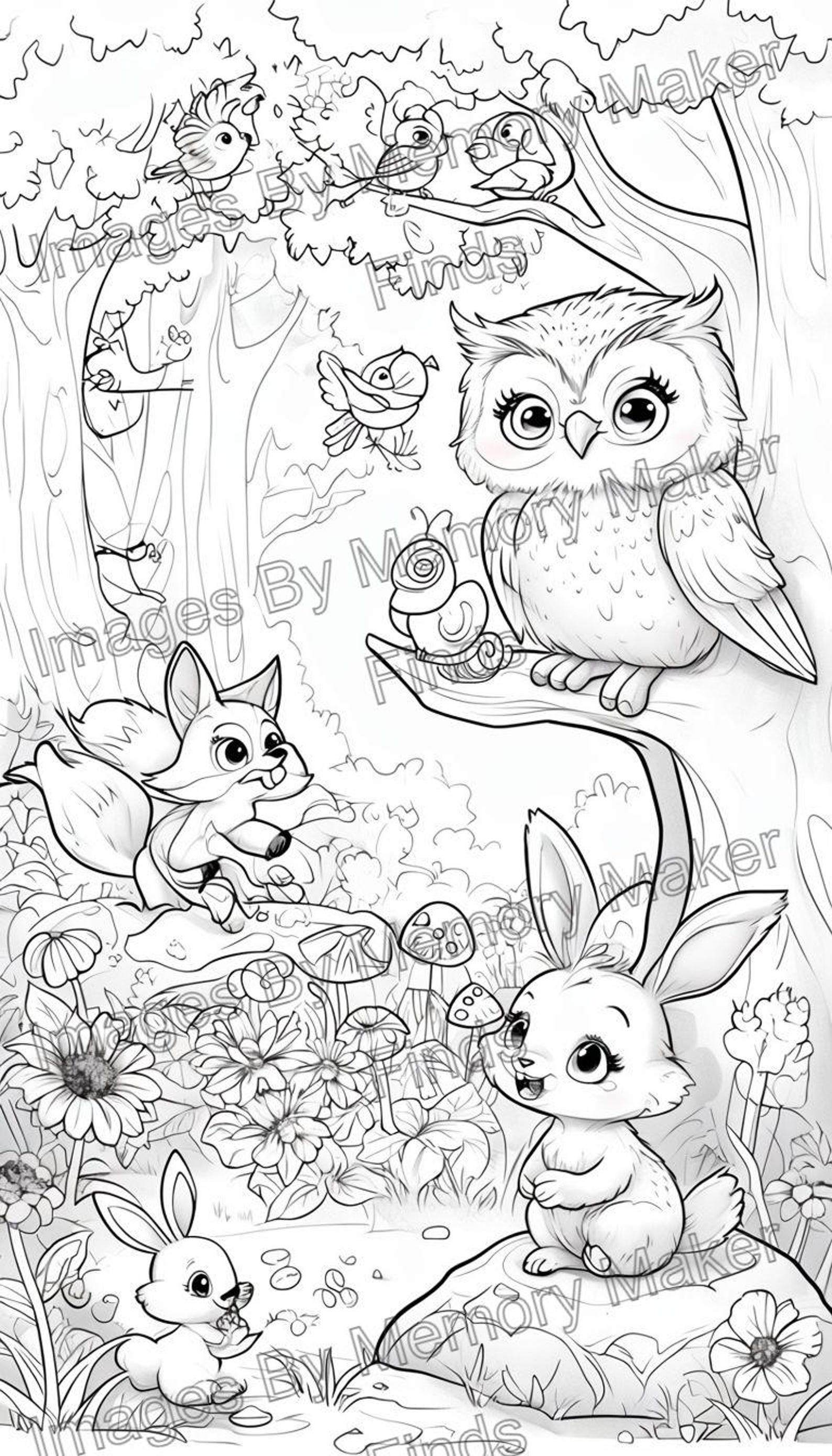Woodland Animals Coloring Page | Forest Scene Printable (instant ...