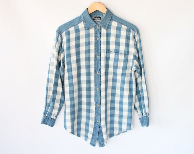 Vintage 80s Blue Checkered Soft Denim Shirt // Women's Denim Flannel ...