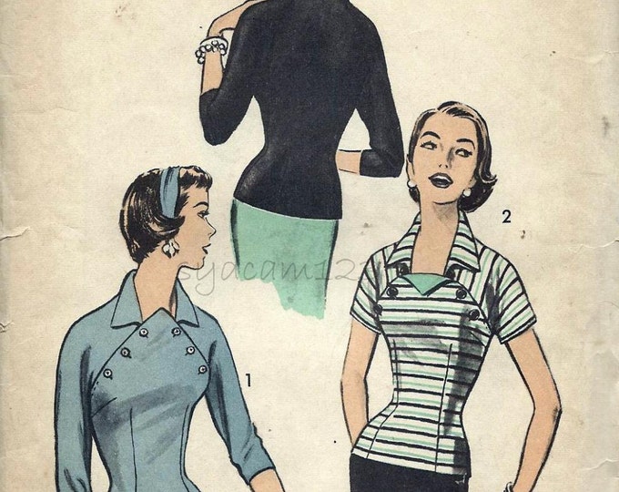 Vintage 1950s Diagonal Front Button Blouse Pattern...raglan Sleeves ...