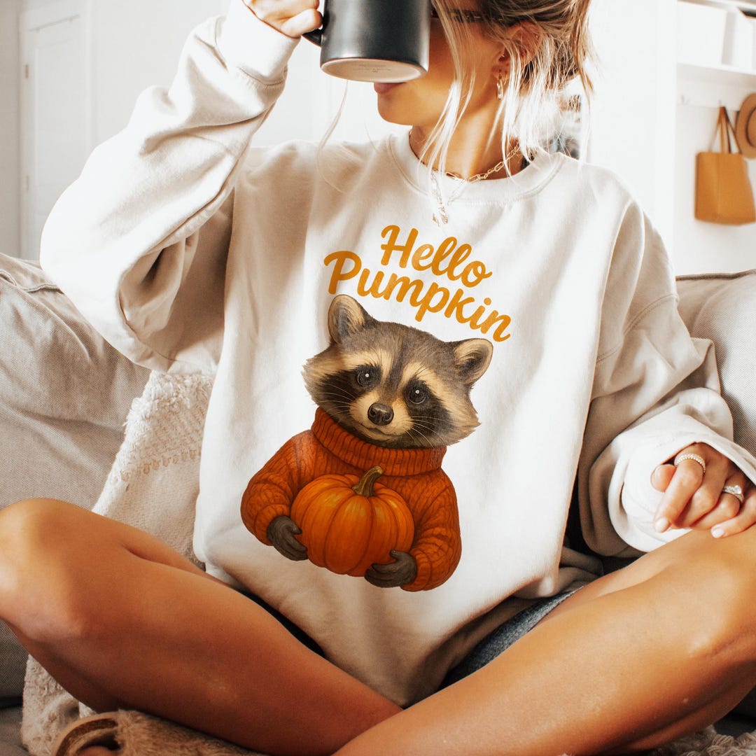 Hello Pumpkin Raccoon PNG, Fall Animal PNG, Cozy Sweater Raccoon Design ...