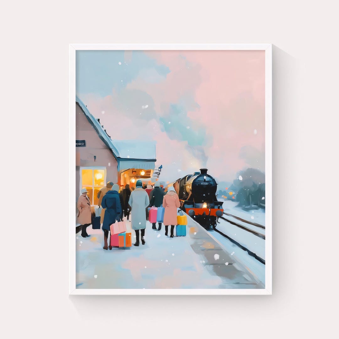 Pastel Christmas Train Station Painting: Cozy Winter Travel Wall Art ...
