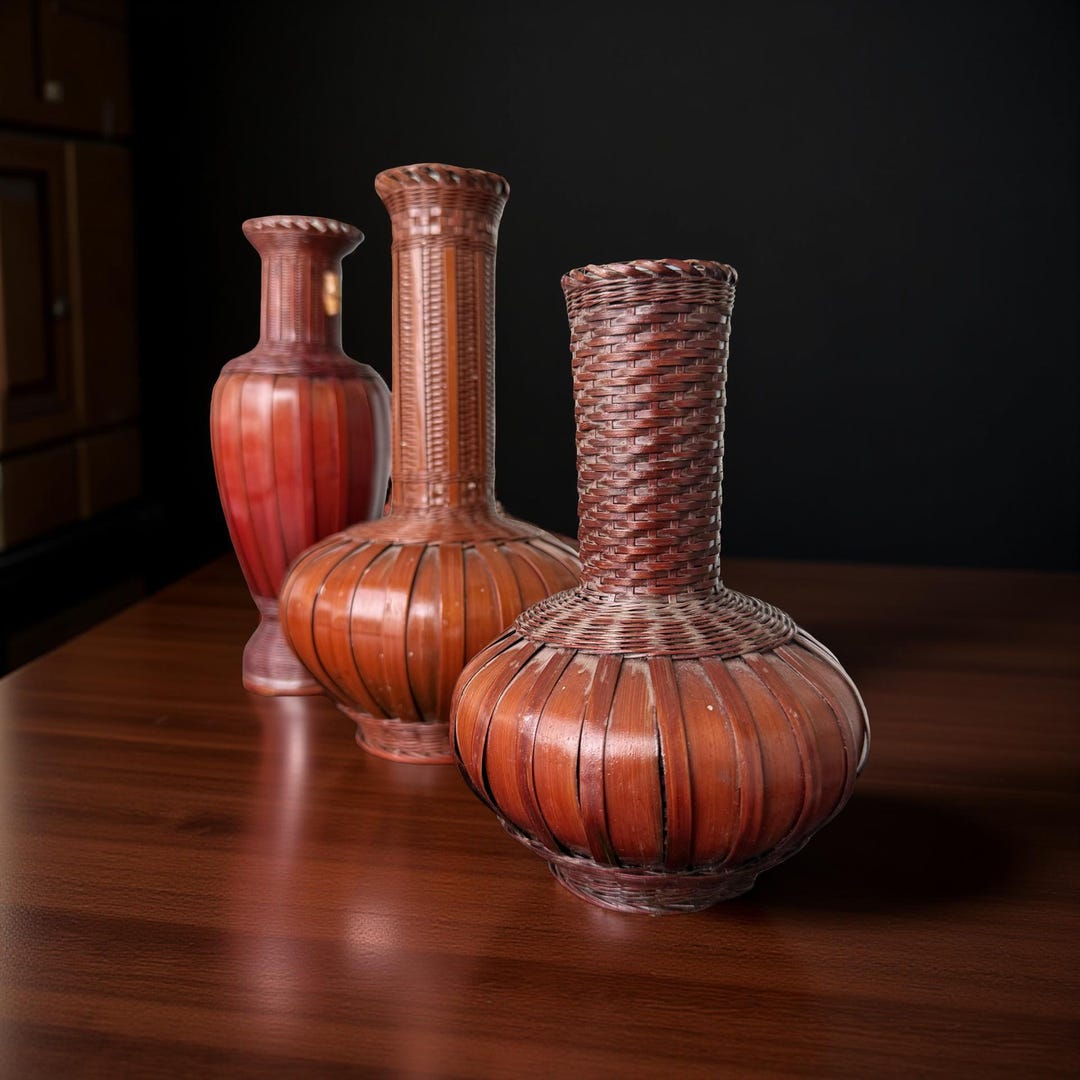 Set of Three Chinese Vintage Mid-century Handmade Shanghai Woven Vase ...